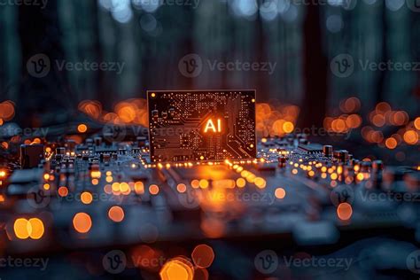 Ai Generated Microchip With Ai Logo Text Irradiating Pulse Of Blue Energy To Other Circuits