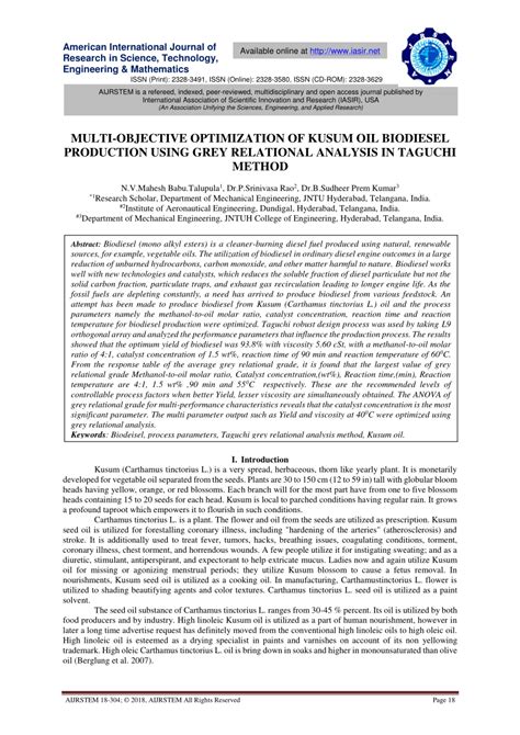 Pdf Multi Objective Optimization Of Kusum Oil Biodiesel Production Using Grey Relational