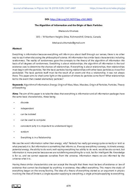 Pdf The Algorithm Of Information And The Origin Of Basic Particles