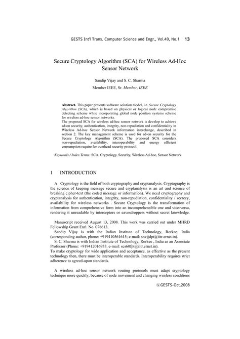 Pdf Secure Cryptology Algorithm Sca For Wireless Ad Hoc Sensor Network Trans Computer