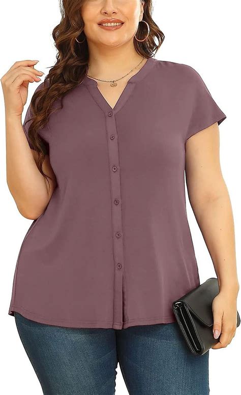 Daystry Womens Plus Size Blouse Button Down Short Sleeve Business Casual V Neck Tops Mauve 3x