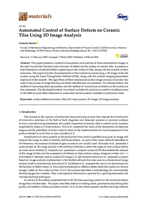 Pdf Automated Control Of Surface Defects On Ceramic Tiles Using 3d