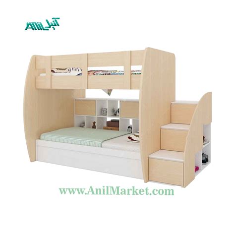 تخت خواب دو طبقه چوبی آنیل مدل دلنیا برای اتاق کودک، با قفسه و کشو