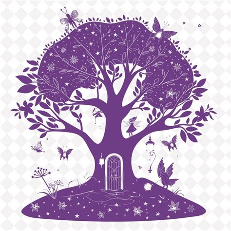 Premium PSD Enchanted Tree Folk Art With Fairy Door And Twinkl Png Outline Frame On Clean