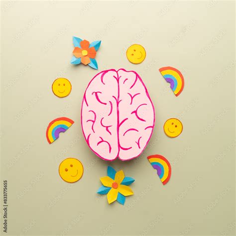 Flat Layout Of Human Brain Anatomy With Smile Emoji Flower And Rainbow