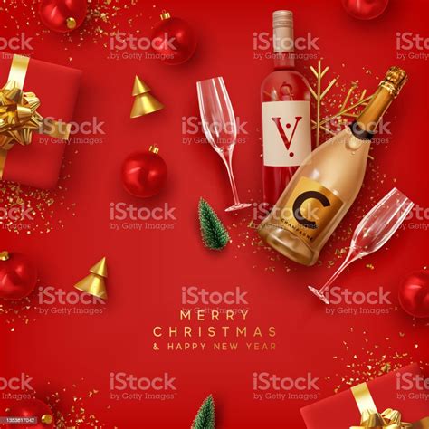 메리 크리스마스와 새해 복 많은 새해 레드 크리스마스 배경 디자인 샴페인과 와인의 현실적인 병 축제 장식 개체 선물 상자 공