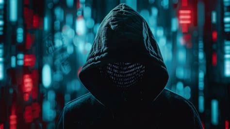 Premium Photo Hooded Figure With Digital Code Mask In Neonblue Lit Room