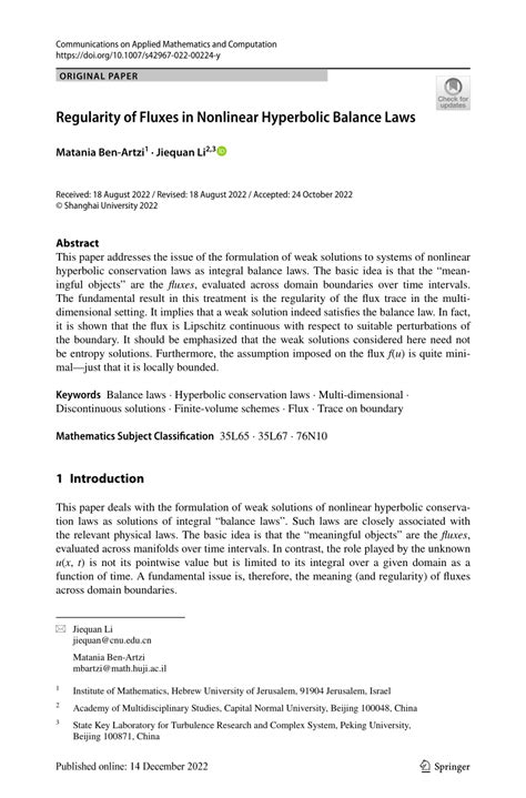 Pdf Regularity Of Fluxes In Nonlinear Hyperbolic Balance Laws