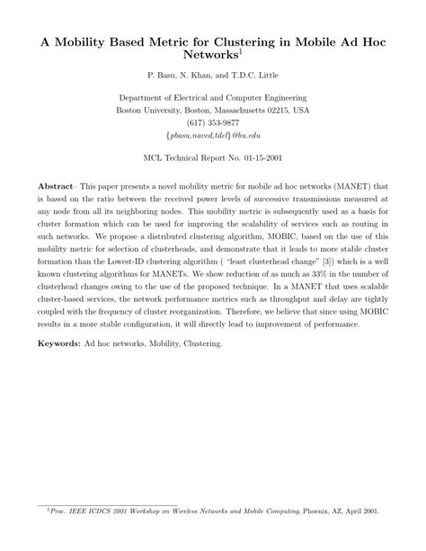 Pdf A Mobility Based Metric For Clustering In Mobile Ad Hoc Networks