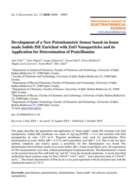 Pdf Development Of A New Potentiometric Sensor Based On Home Made Iodide Ise Enriched With Zno