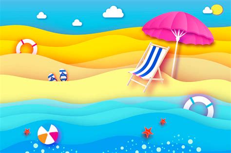 핑크 파라솔종이 잘라 스타일 우산 핑크 긴의 자 라운지 종이 접기 바다와 해변 스포츠 공 게임 샌들 슈즈 불가사리 휴가 및 여행 개념입니다 가구에 대한 스톡 벡터 아트 및