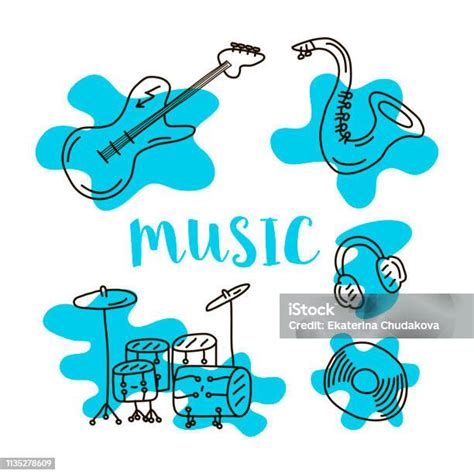 색소폰 기타 드럼 키트 헤드폰 디스크 및 레터링이 있는 낙서 스타일의 음악 악기 다채로운 기호 벡터 일러스트 레이 션 개체