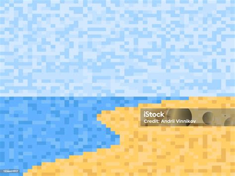 해변 풍경 픽셀 아트 스타일 복고풍 게임의 8 비트 스타일의 해안 프린트 포스터 및 인테리어 디자인을 위한 디자인 벡터 일러스트레이션 픽셀 아트에 대한 스톡 벡터 아트 및