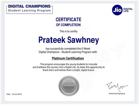 Prateek Sawhney On Linkedin Has Successfully Completed The 5 Week Jio