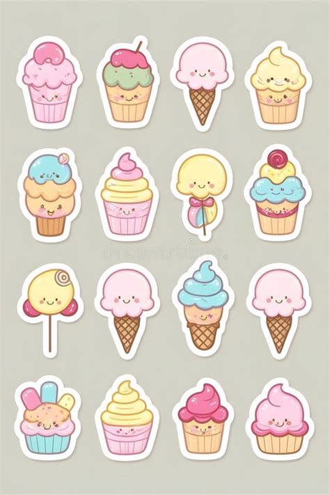 Cute And Sweet Themed Cartoon Dessert Stickers Adorable Characters In Vibrant Pastels Stock
