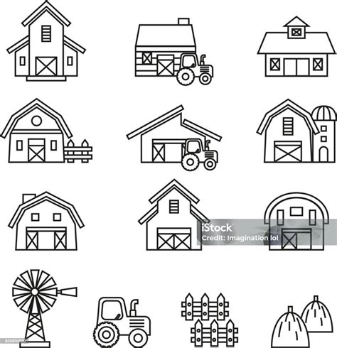 헛간 및 농장 건물 아이콘 설정 합니다 선 스타일 재고 벡터입니다 아이콘에 대한 스톡 벡터 아트 및 기타 이미지 아이콘 헛간 농가 Istock