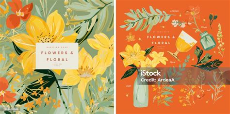 꽃 꽃 인사말 카드입니다 귀여운 수채화 식물 나뭇잎 꽃병 병 와인 잔 초대장 또는 배경에 대 한 꽃다발의 벡터 일러스트 구아슈 물감으로 손으로 그린 그림 0명에 대한 스톡