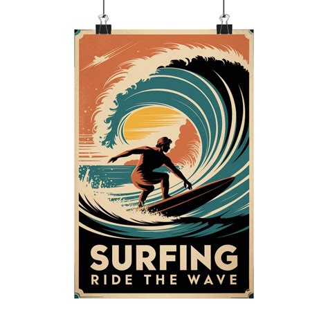 Vintage Surfing Art Poster Ride The Wave Mid Century Coastal Decor