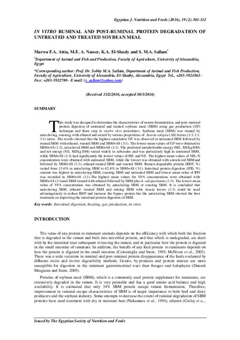 Pdf In Vitro Ruminal And Post Ruminal Protein Degradation Of Untreated And Treated Soybean Meal