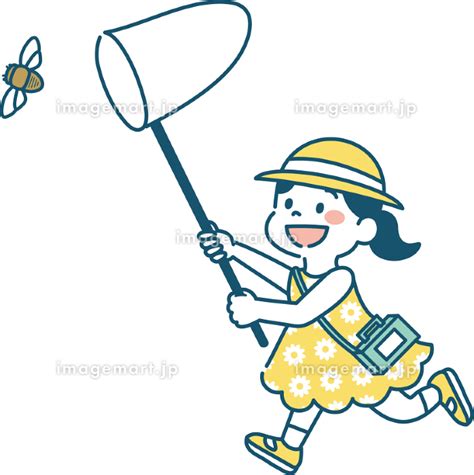 虫取りをする子どものイラスト セミ 女の子 200609024 イメージマート