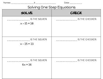 Solving One Step Equations Partner Activity By Tiny Educator TPT