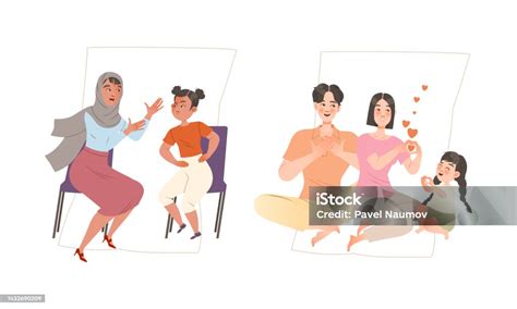 미소 짓는 부모와의 나쁘고 좋은 관계 그들의 작은 딸과 그녀의 아이 벡터 세트와 논쟁하는 무슬림 엄마에게 사랑을 보여줍니다 가족에 대한 스톡 벡터 아트 및 기타 이미지