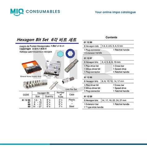 611288 Bit Set Hexagon 6 17mm 6 Bits And 6 Tools Miq Consumables