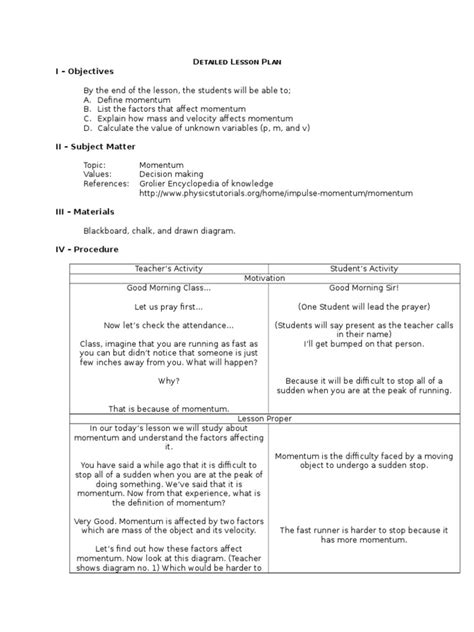 Detailed Lesson Plan In Physics Pdf Momentum Mass