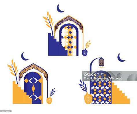 모로코 장면 세트 집 문 창문 및 전통적인 모자이크 패턴 이슬람 창과 문 모양 세트 아랍어 문과 창문의 실루엣은 파란색과 금색으로 채색되어 있습니다 벡터 일러스트레이션