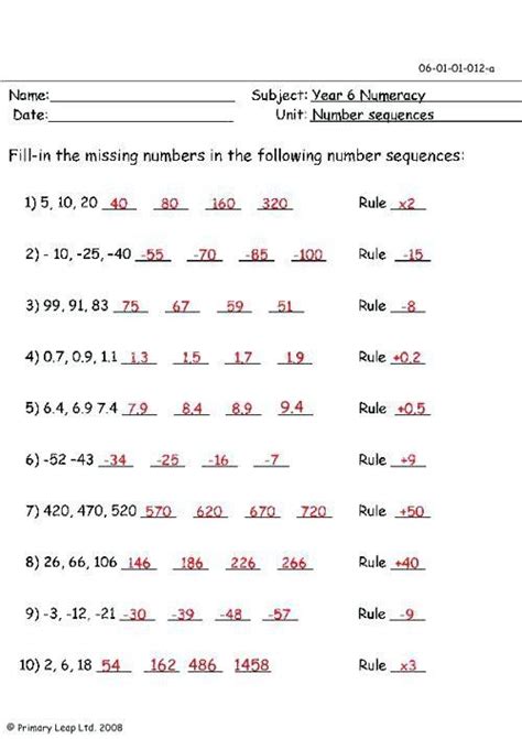 Number Sequence Worksheet With Answers