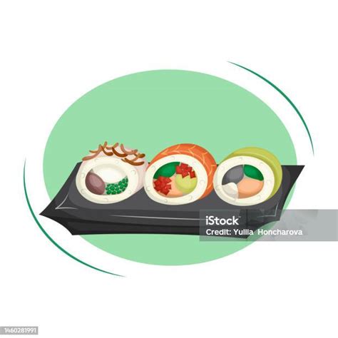 직사각형 접시에 초밥 세트입니다 참치 아보카도 죽은 태아 연어와 함께 다양한 롤 아시아 전통 요리의 개념 벡터 그림입니다 만화 0명에 대한 스톡 벡터 아트 및 기타 이미지