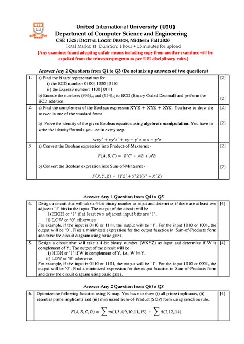dld midterm fall 2020 question paper department of computer science