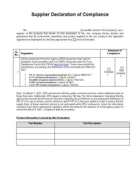 Supplier Declaration Of Compliance Tsca Pdf Regulatory Compliance United States