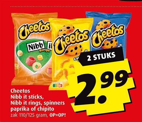 Cheetos Nibb It Sticks Nibb It Rings Spinners Paprika Of Chipito 2 Stuks Aanbieding Bij Boni