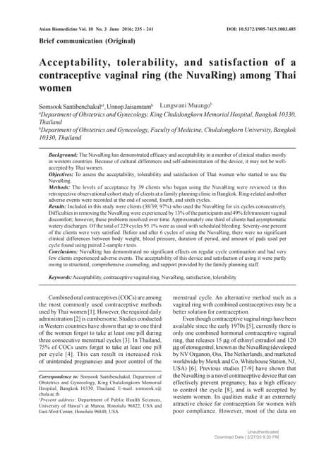 Asian Biomedicine Acceptability Tolerability And Satisfaction Of A Contraceptive Vaginal Ring