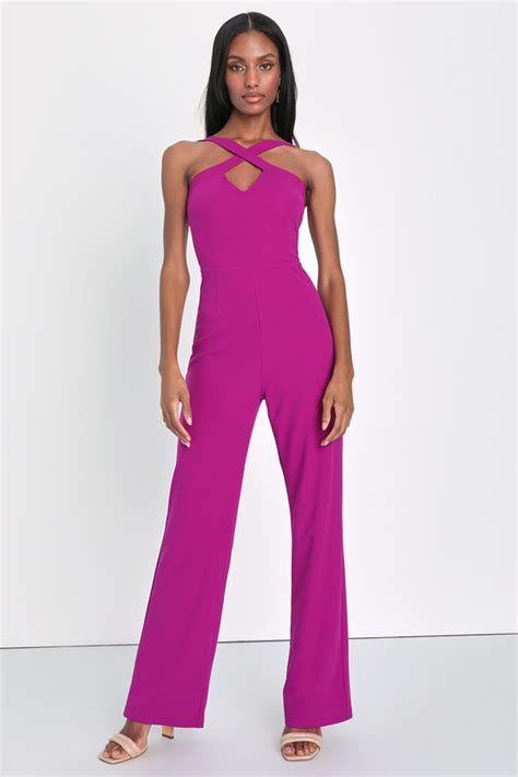 Purple Halter Jumpsuit Cross Front Jumpsuit Backless Jumpsuit Lulus