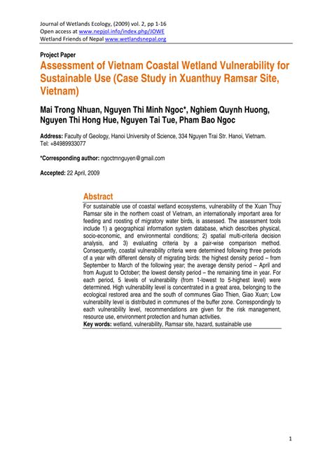 Pdf Assessment Of Vietnam Coastal Wetland Vulnerability For Sustainable Use Case Study In