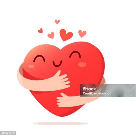 벡터 만화 귀여운 행복 한 심장 캐릭터 와 미소와 손 포옹 자신 귀여운에 대한 스톡 벡터 아트 및 기타 이미지 귀여운 낮