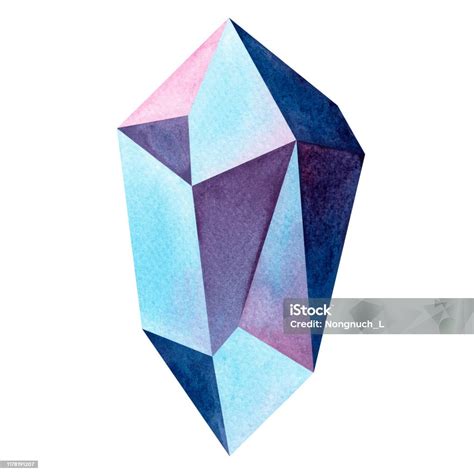수채화 핑크 보라색 보라색 다채로운 색상 크리스탈 사파이어 미네랄 석영 아가트 그래픽 수채화 손은 흰색 배경에 고립 된 파란색