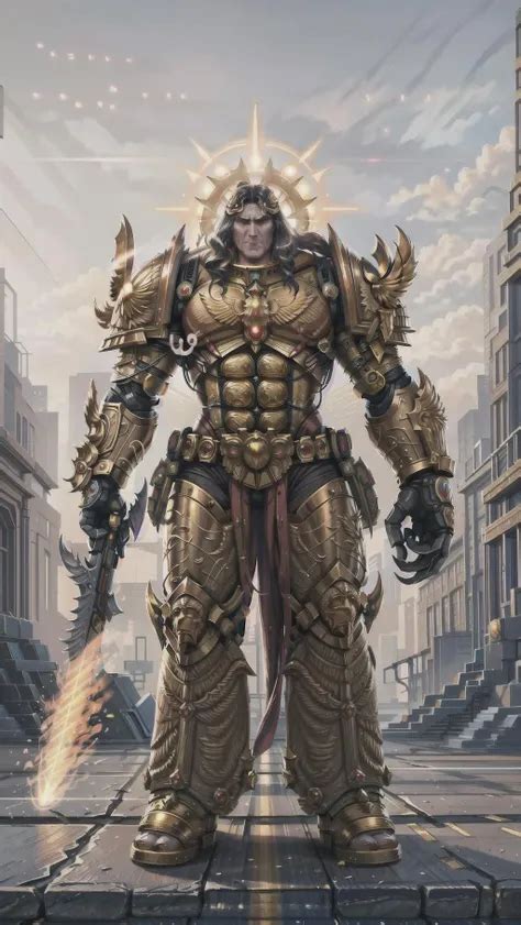 A Man In Armor Standing On A Street With A Sword Seaart Ai