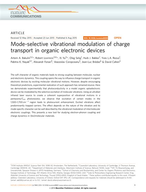 Pdf Mode Selective Vibrational Modulation Of Charge Transport In Organic Electronic Devices
