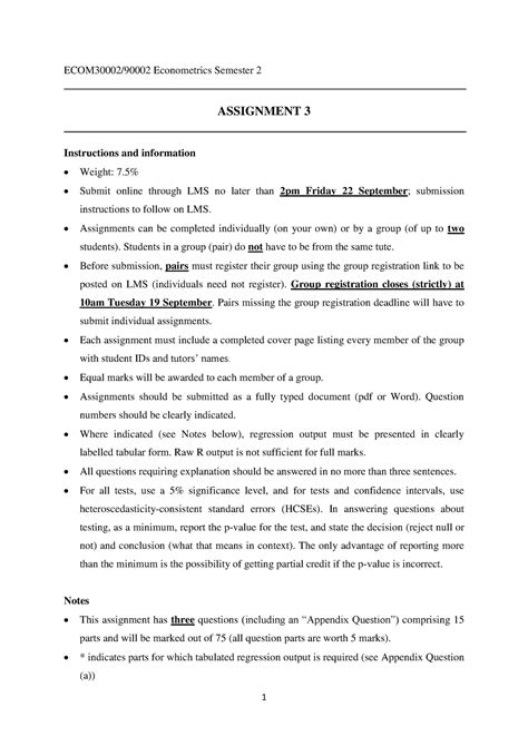 Assignment 3 Econometrics 2017 Semester 2 Ecom30002 90002 Econometrics Semester 2 Assignment 3