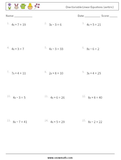 One Variable Linear Equations Ax B C Math Worksheets Math Practice