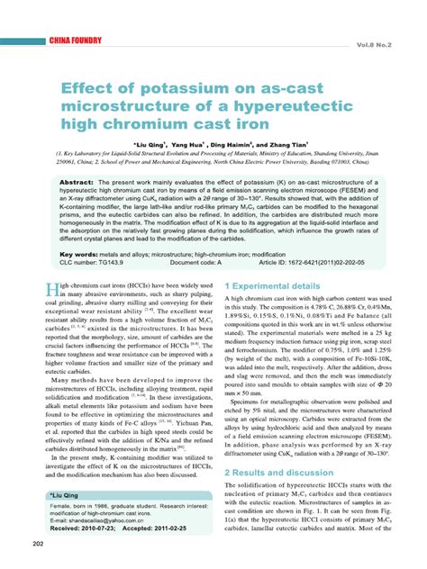 Effect Of K On As Cast Microstructure Of A Hypereutectic High Chromium Cast Iron Pdf