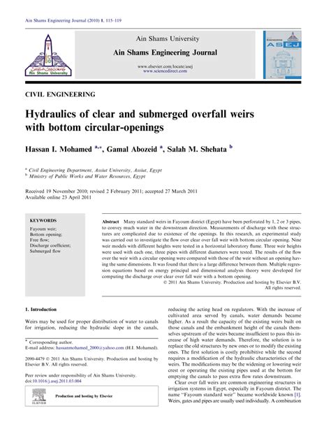 PDF Hydraulics Of Clear And Submerged Overfall Weirs With Bottom Circular Openings