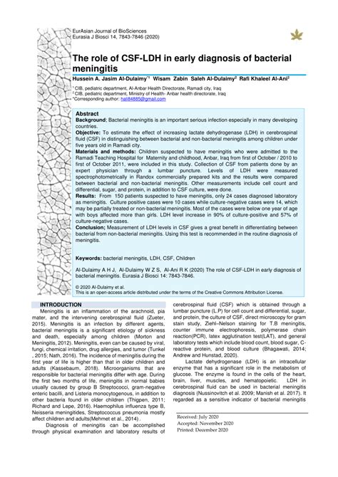 Pdf The Role Of Csf Ldh In Early Diagnosis Of Bacterial Meningitis