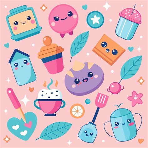 분홍색 배경 에 행복 한 얼굴 을 가진 귀여운 만화 캐릭터 와 물건 들 프리미엄 Ai 생성 벡터