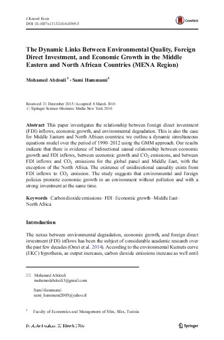 Pdf The Dynamic Links Between Environmental Quality Foreign Direct Investment And Economic