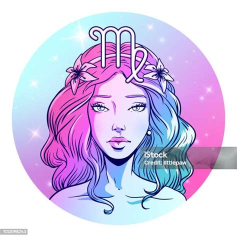 처녀 자리 조디악 로그인 작품 아름 다운 소녀 얼굴 별자리 기호 스타 기호 벡터 일러스트 레이 션 처녀자리에 대한 스톡 벡터 아트 및 기타 이미지 Istock