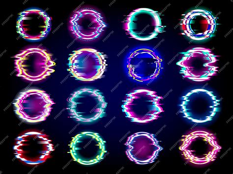 Premium Vector Glitches Collection Neon Glowing Circle Glitches Templates Pixel Rings With